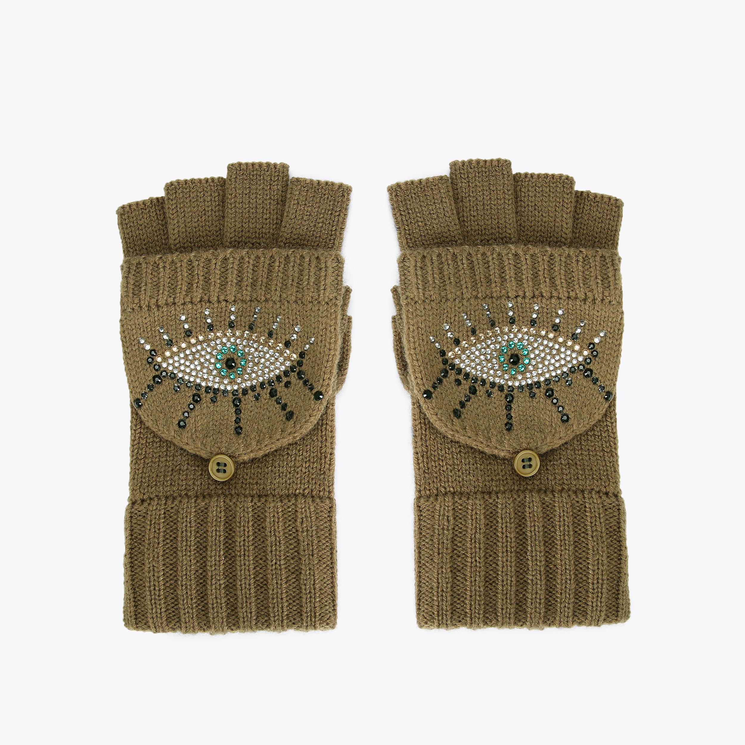 EVIL EYE MITTEN Khaki Knitted Mitten Gloves by KURT GEIGER LONDON