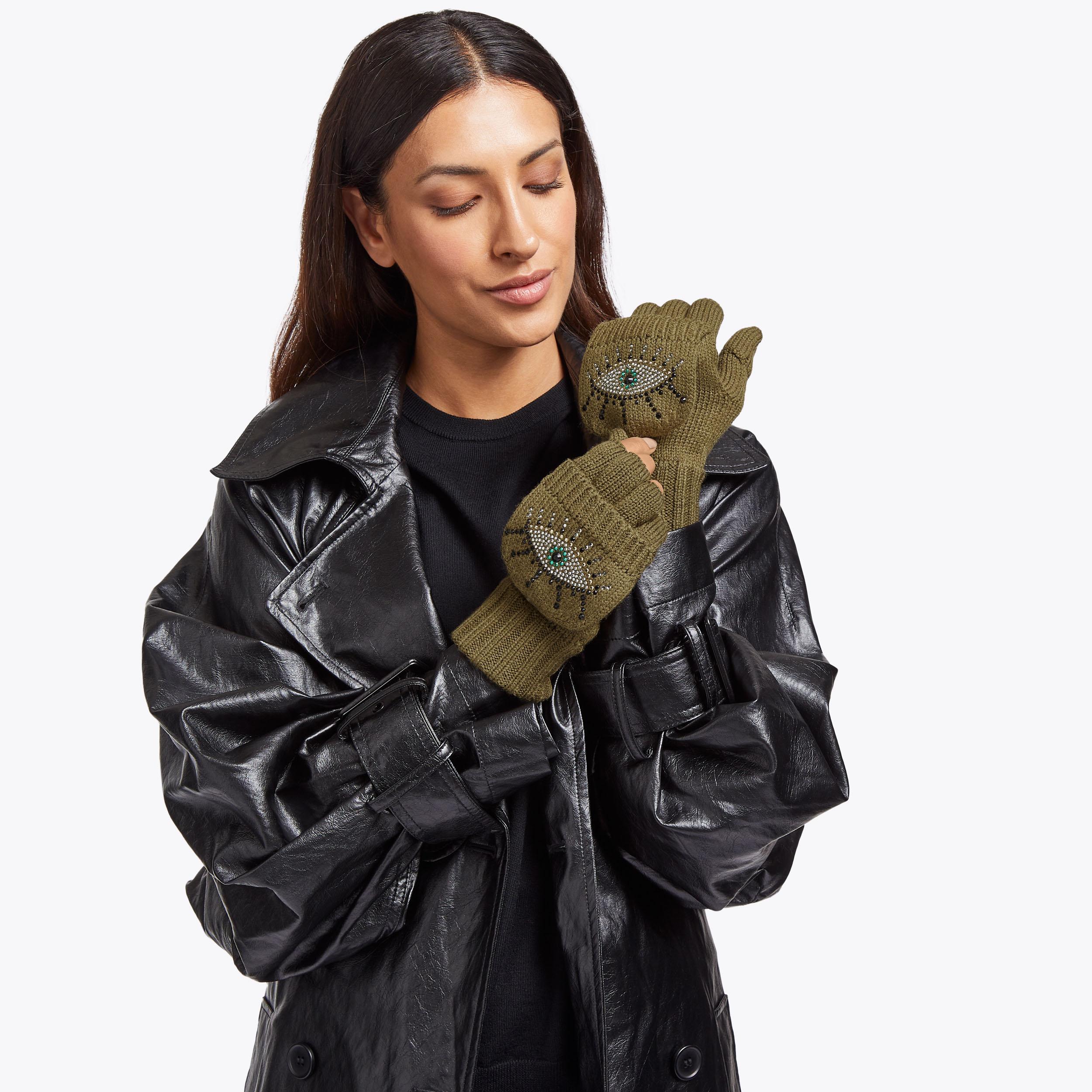 Evil Eye Mitten Khaki Knitted Mitten Gloves By Kurt Geiger London