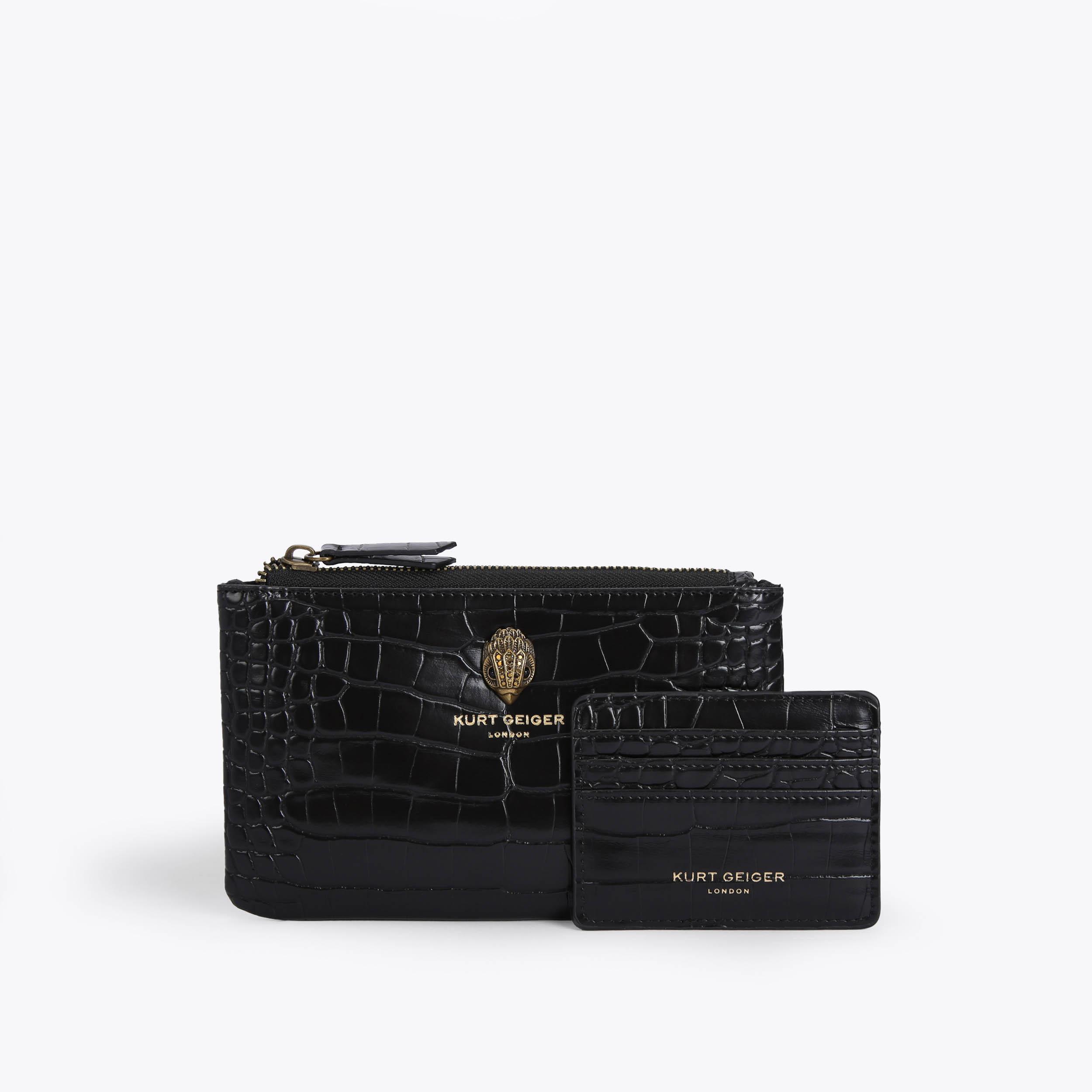 POUCH GIFT SET Croc Embossed Black Pouch Gift Set by KURT GEIGER LONDON