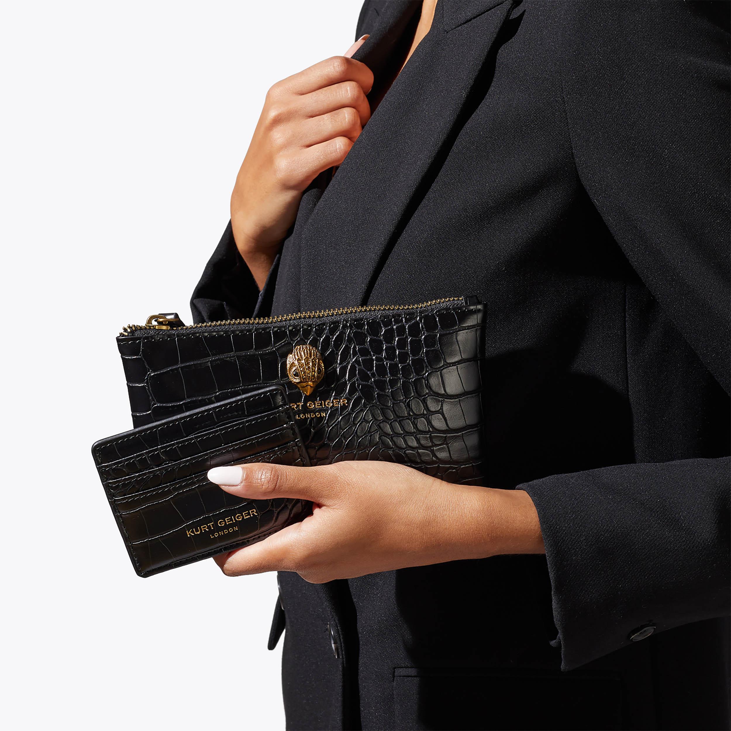 POUCH GIFT SET Croc Embossed Black Pouch Gift Set by KURT GEIGER LONDON