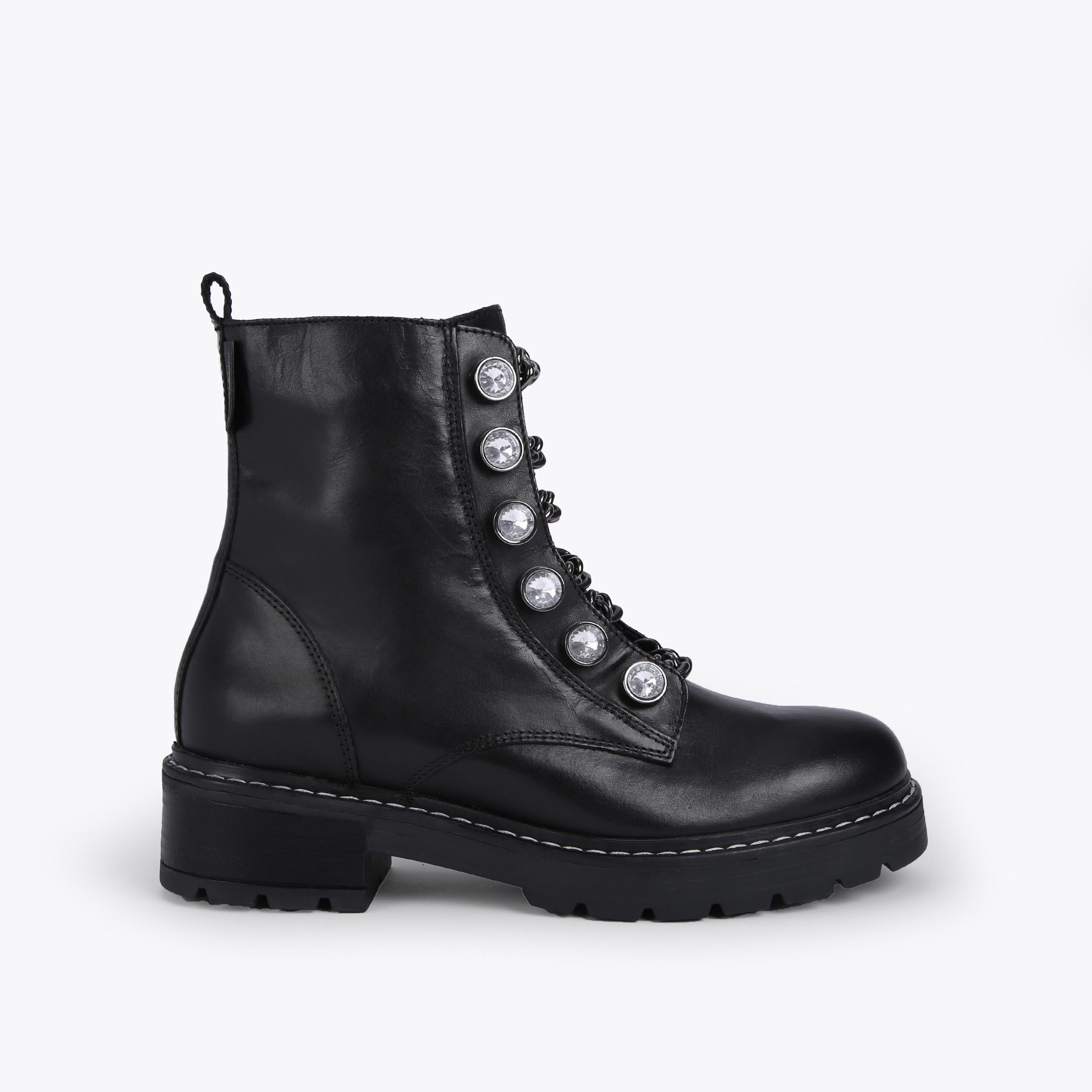 BAX Black Embellished Chain Combat Ankle Biker Boot by KURT GEIGER LONDON