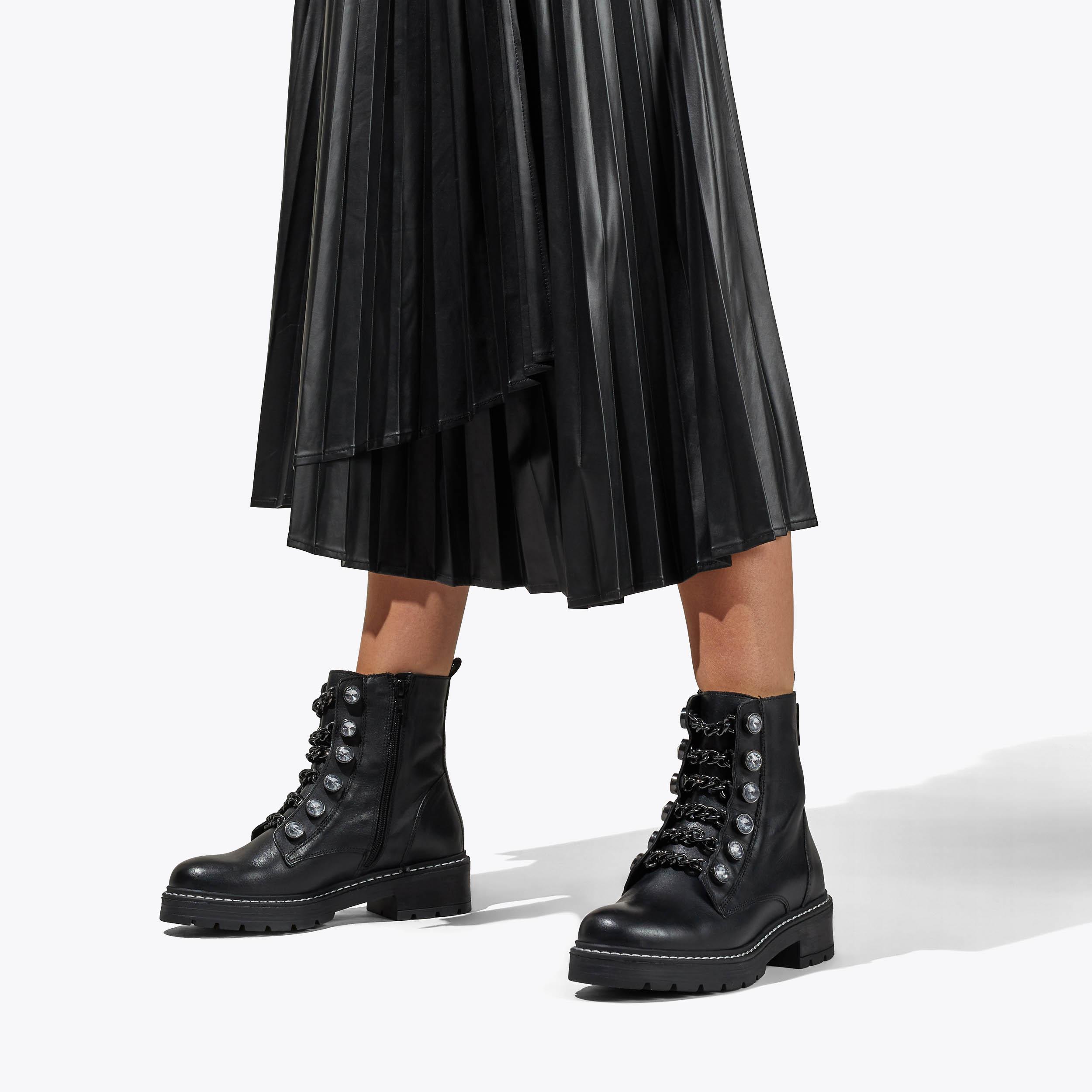 BAX Black Embellished Chain Combat Ankle Biker Boot by KURT GEIGER LONDON