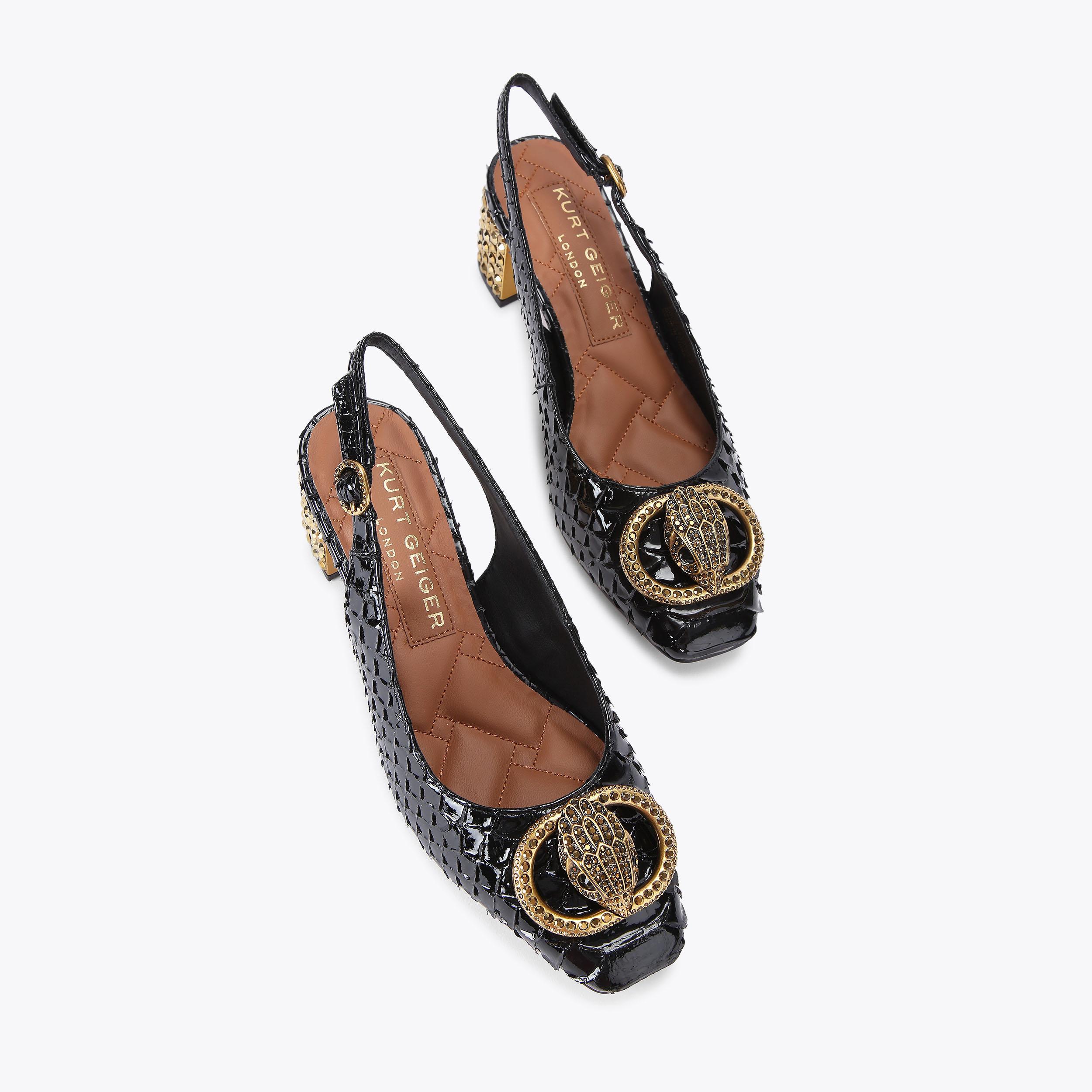 CHELSEA BLOCK SLINGBACK Black Snake Block Heel by KURT GEIGER LONDON