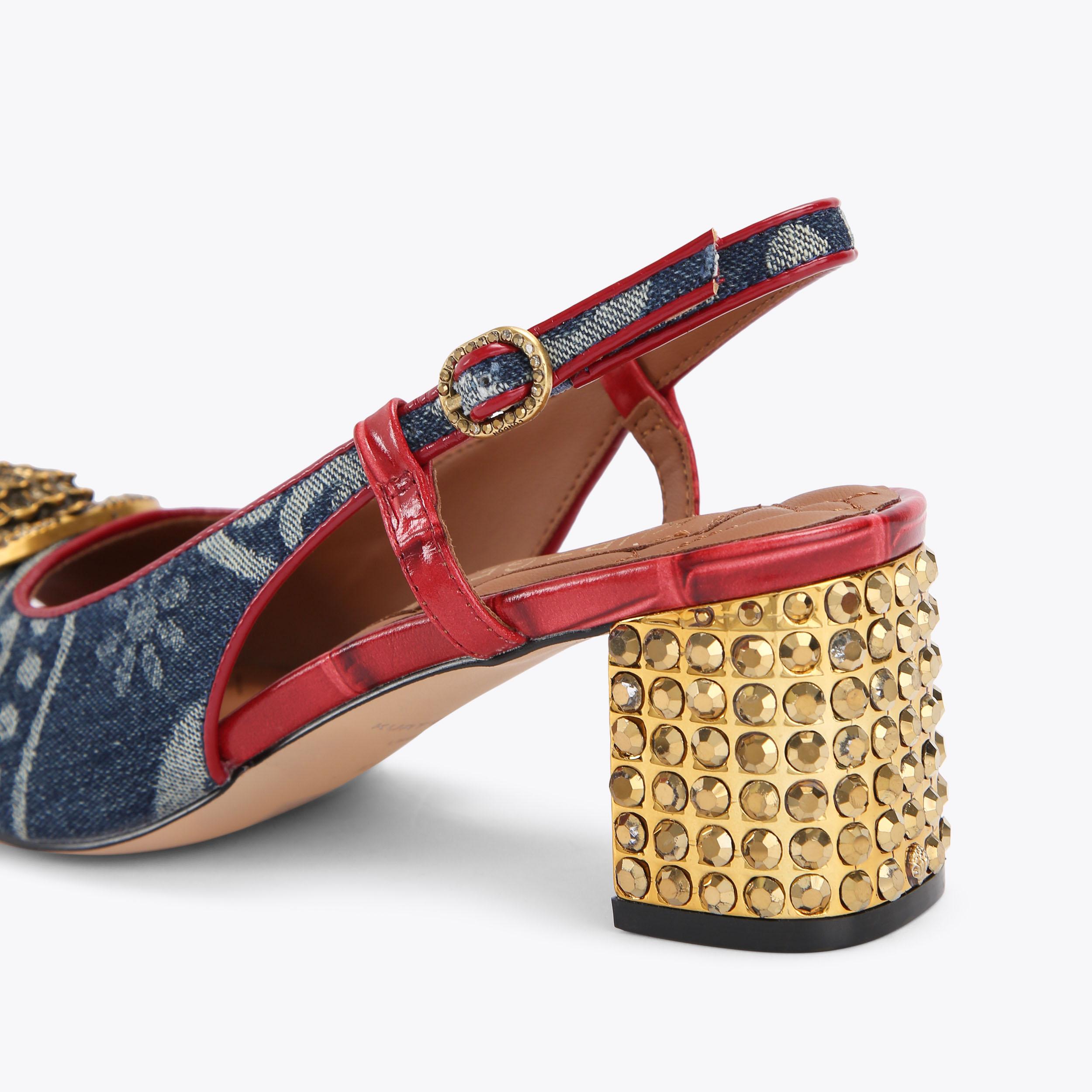 CHELSEA BLOCK SQ SLING Paisley Denim Heel by KURT GEIGER LONDON