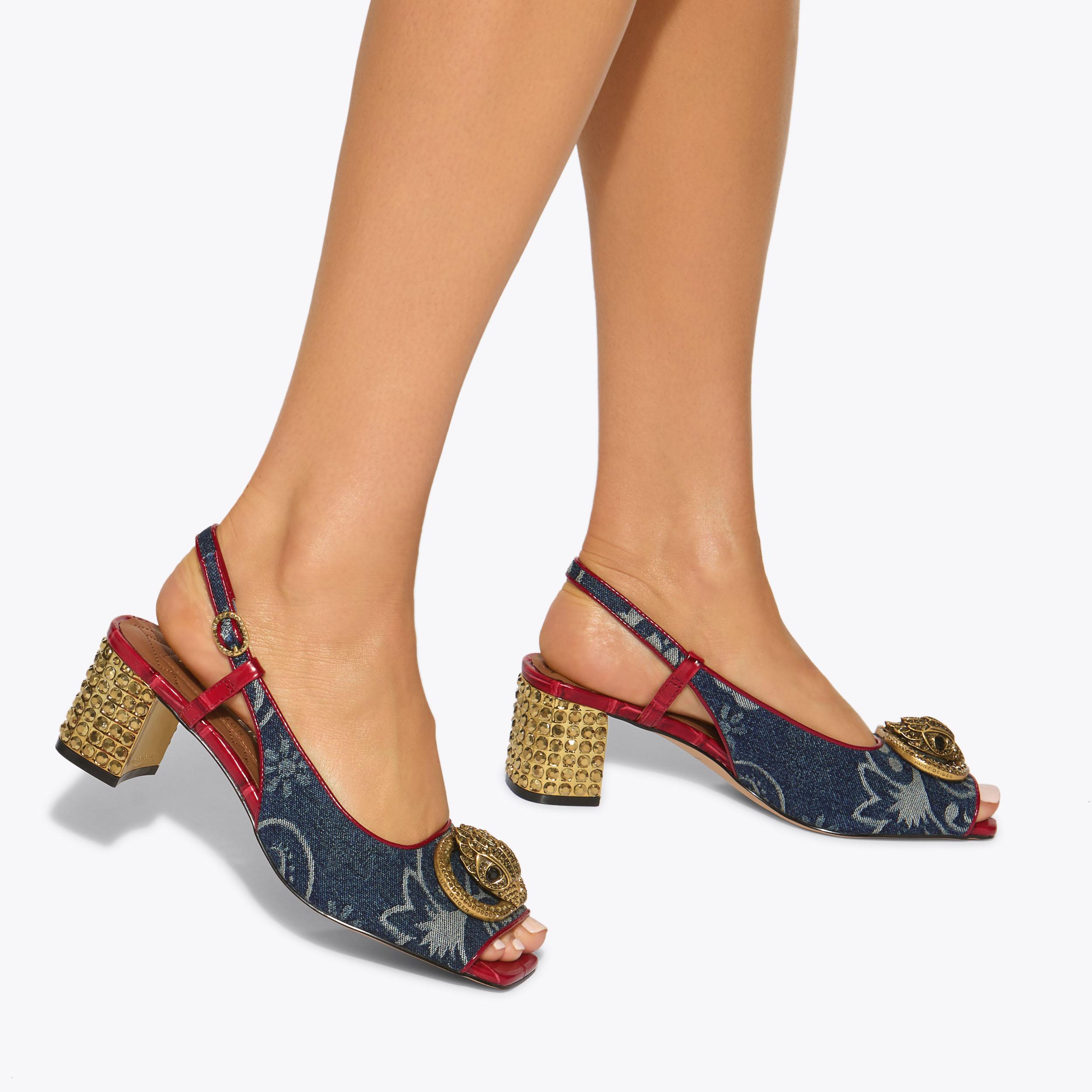 CHELSEA BLOCK SQ SLING Paisley Denim Heel by KURT GEIGER LONDON