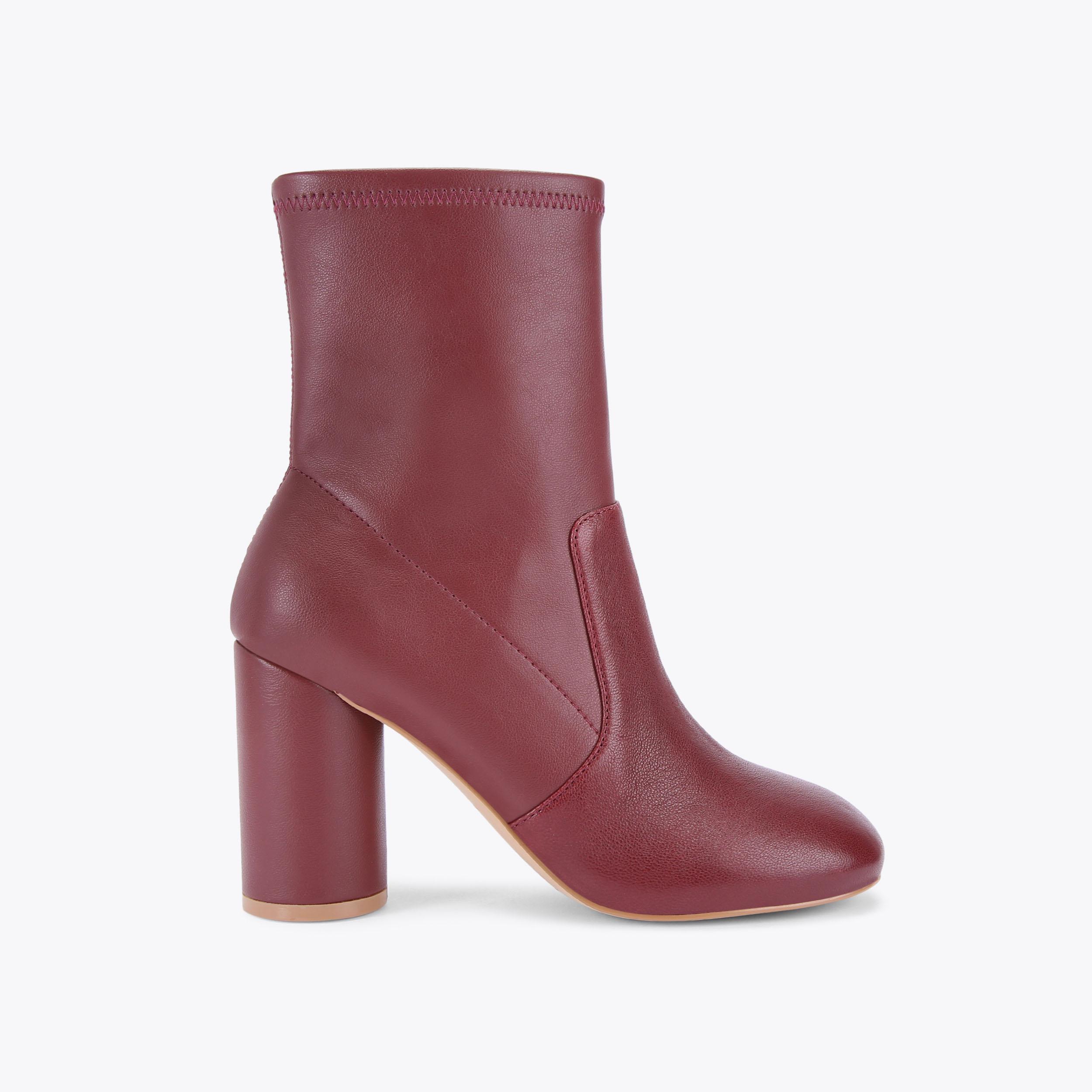 LANGLEY ROUND ANKLE BOOT Wine Leather Block Heel Boots by KURT GEIGER ...
