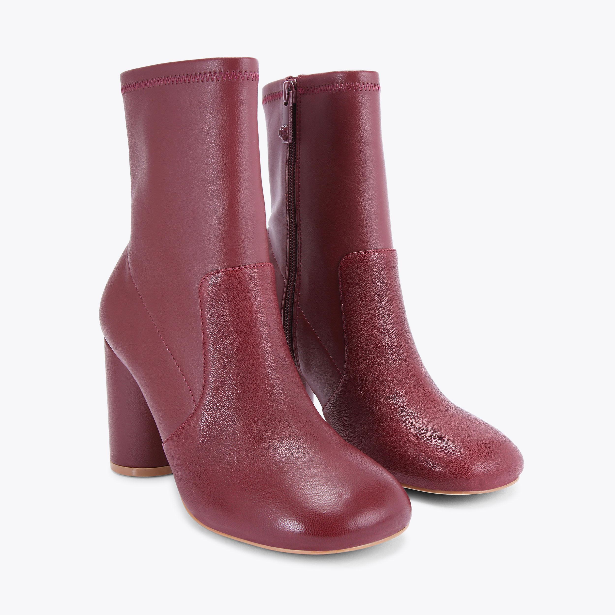 LANGLEY ROUND ANKLE BOOT Wine Leather Block Heel Boots by KURT GEIGER ...