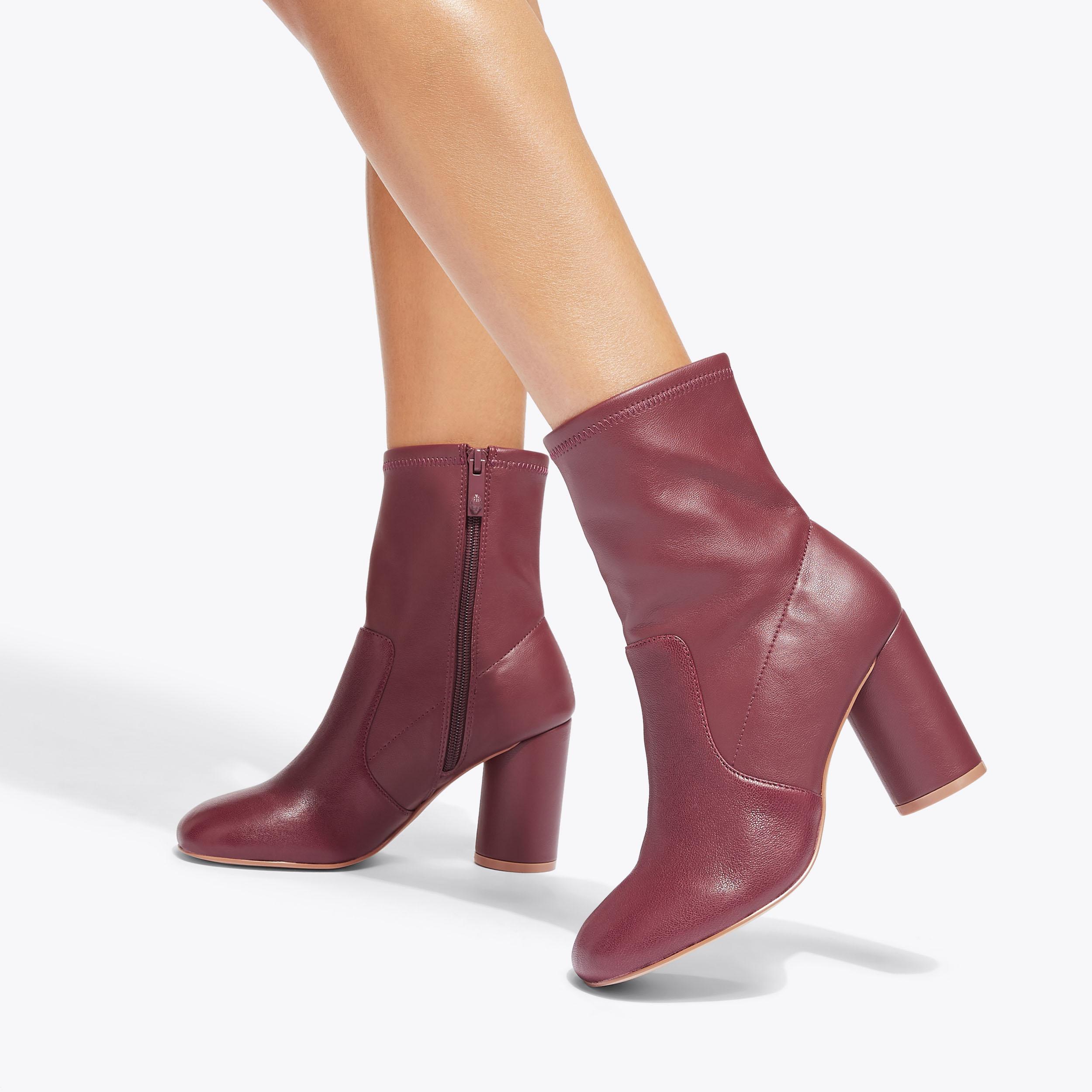 LANGLEY ROUND ANKLE BOOT Wine Leather Block Heel Boots by KURT GEIGER ...