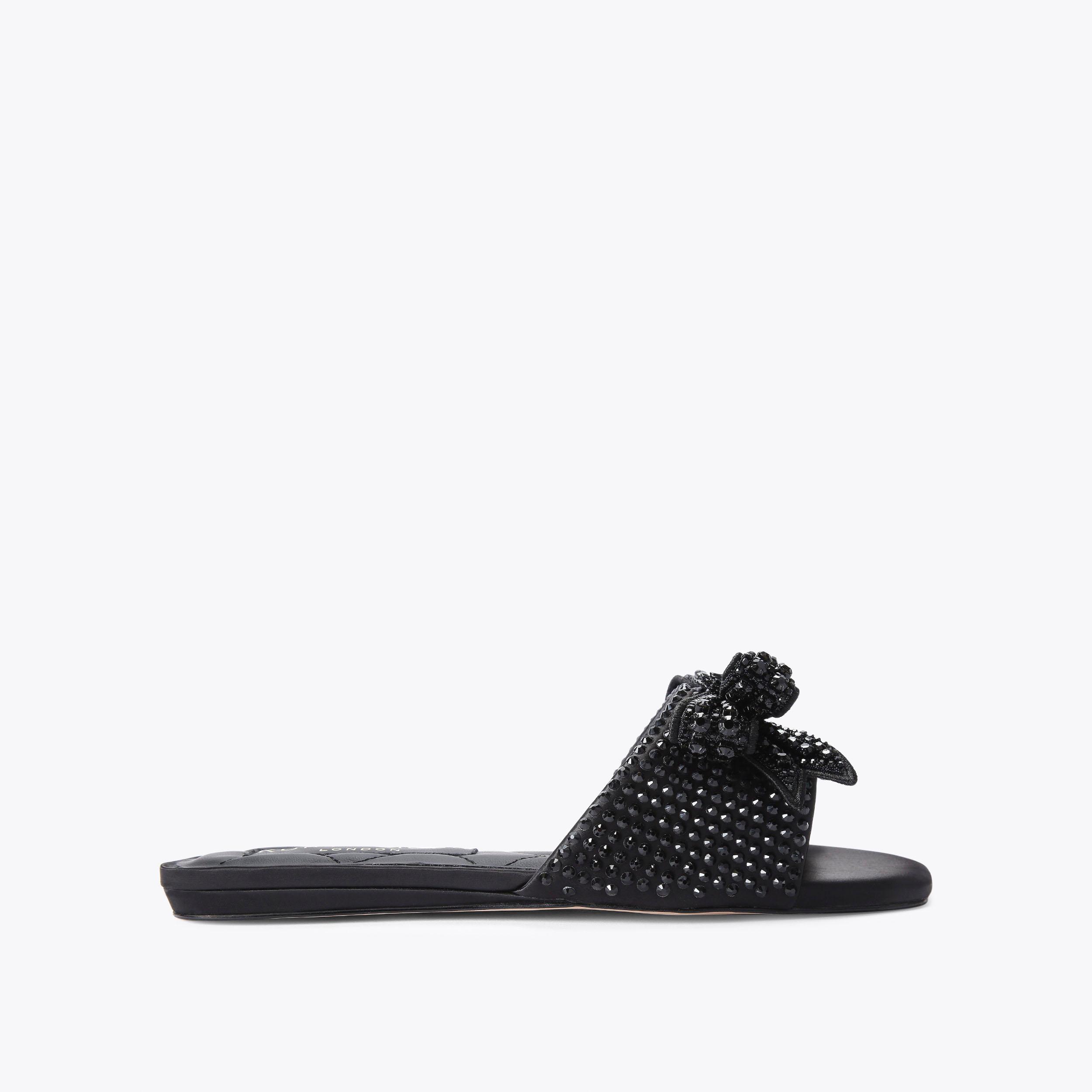 KENSINGTON BOW FLAT SDL Black Satin Slip On Sandals by KURT GEIGER LONDON