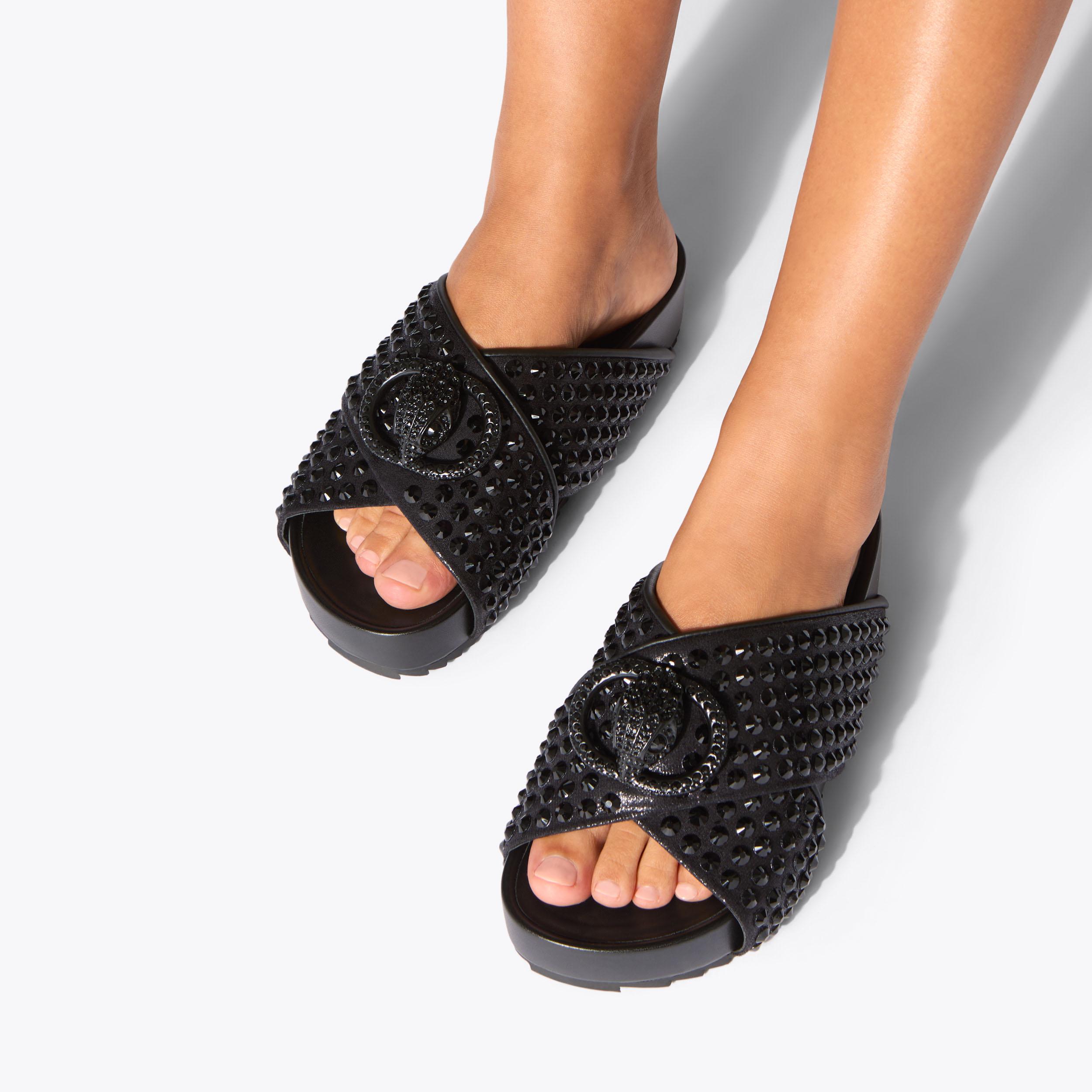 CHELSEA CROSS STRAP DR Black Crystal Slip On Chunky Sandals by KURT ...