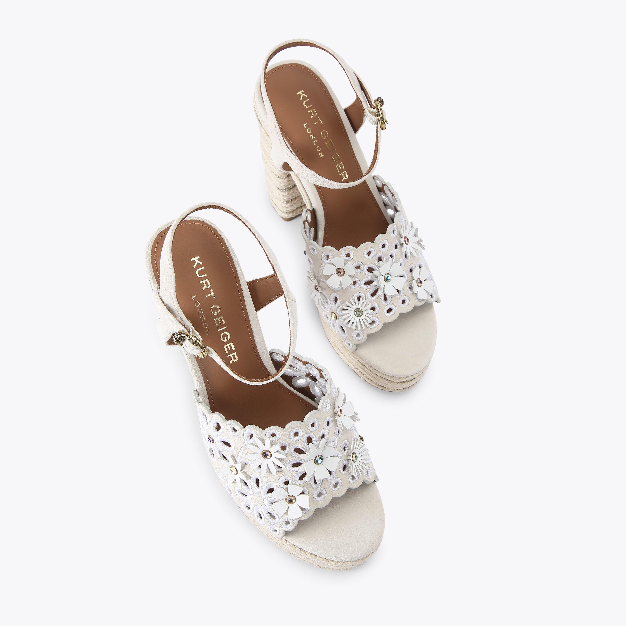 FLOWER PLATFORM SANDAL Bone Suede Taupe Heel by KURT GEIGER LONDON