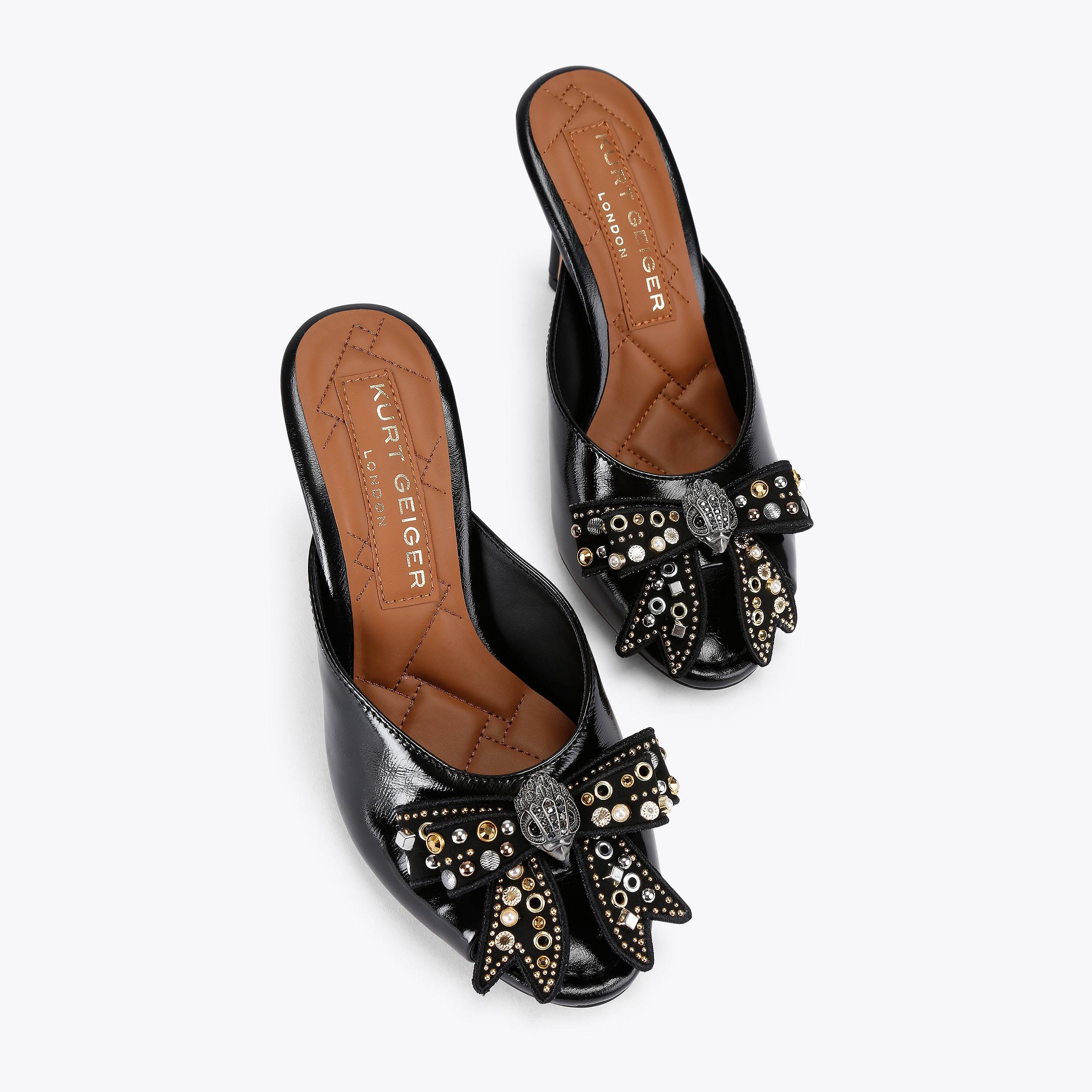 BELGRAVIA STUD BOW MULE Black Patent Leather Mule Heel by KURT GEIGER ...