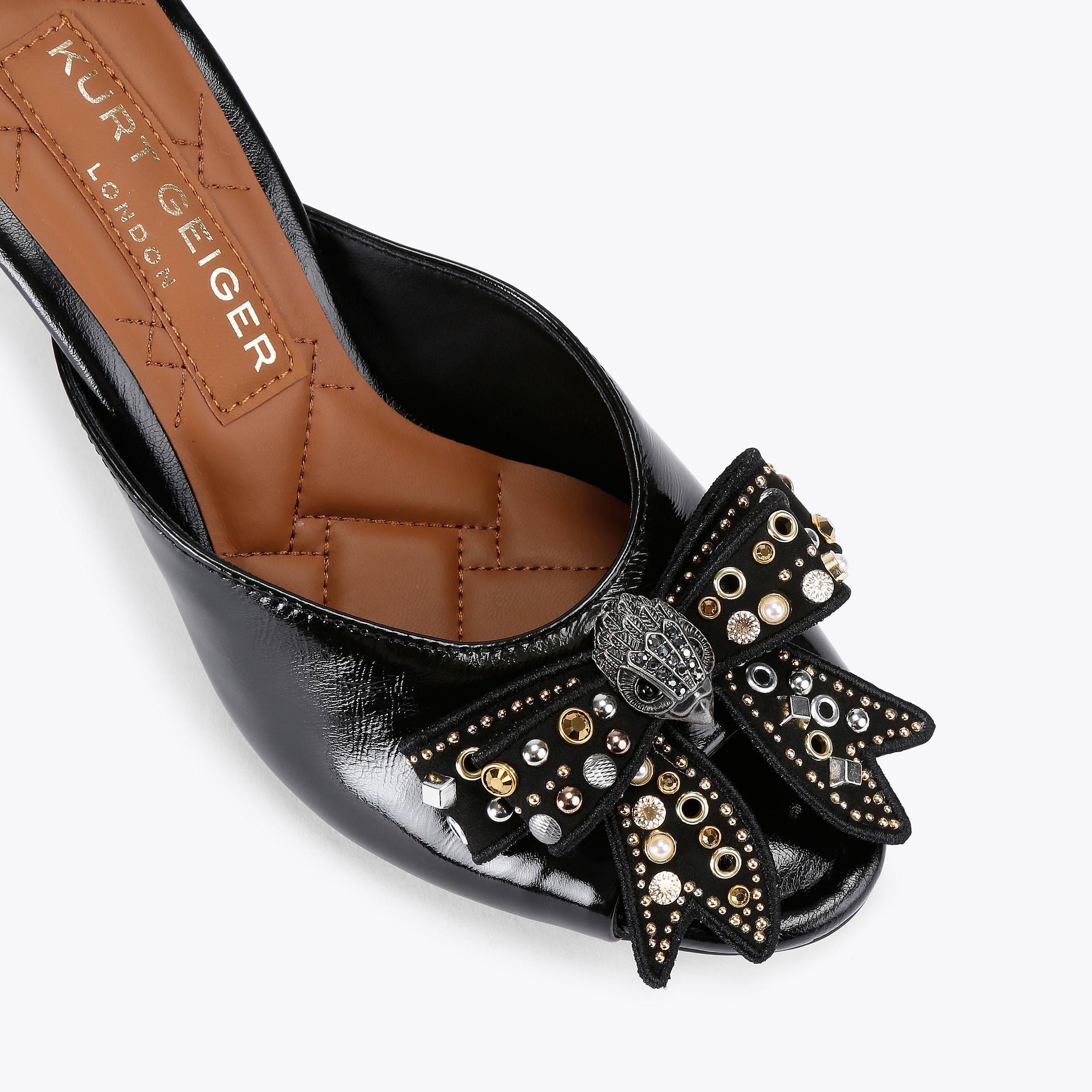 BELGRAVIA STUD BOW MULE Black Patent Leather Mule Heel by KURT GEIGER ...