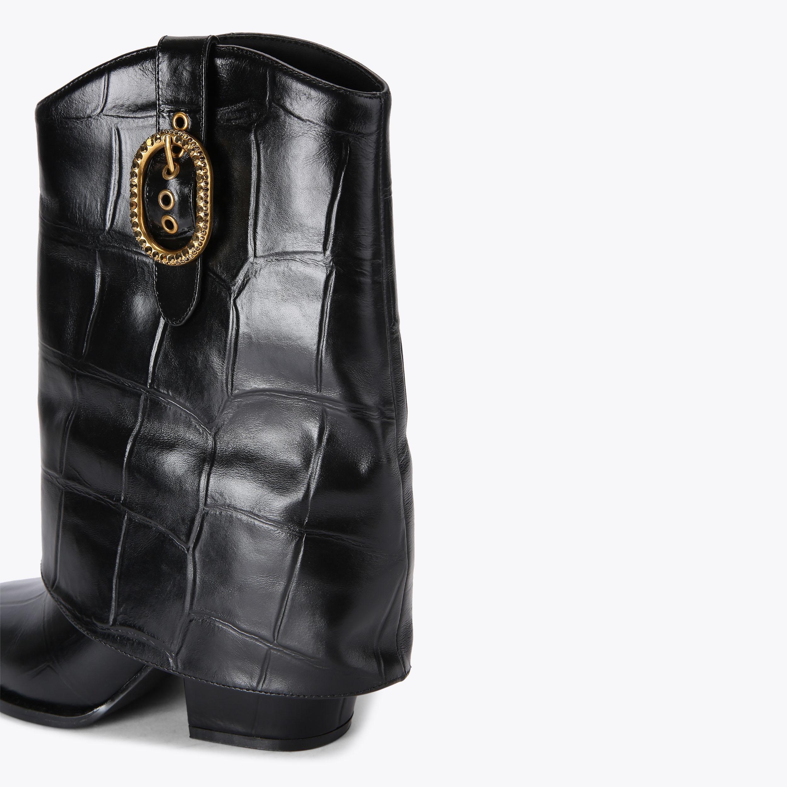 FOLD OVER ANKLE BOOT Black Leather Croc Ankle Boot by KURT GEIGER LONDON