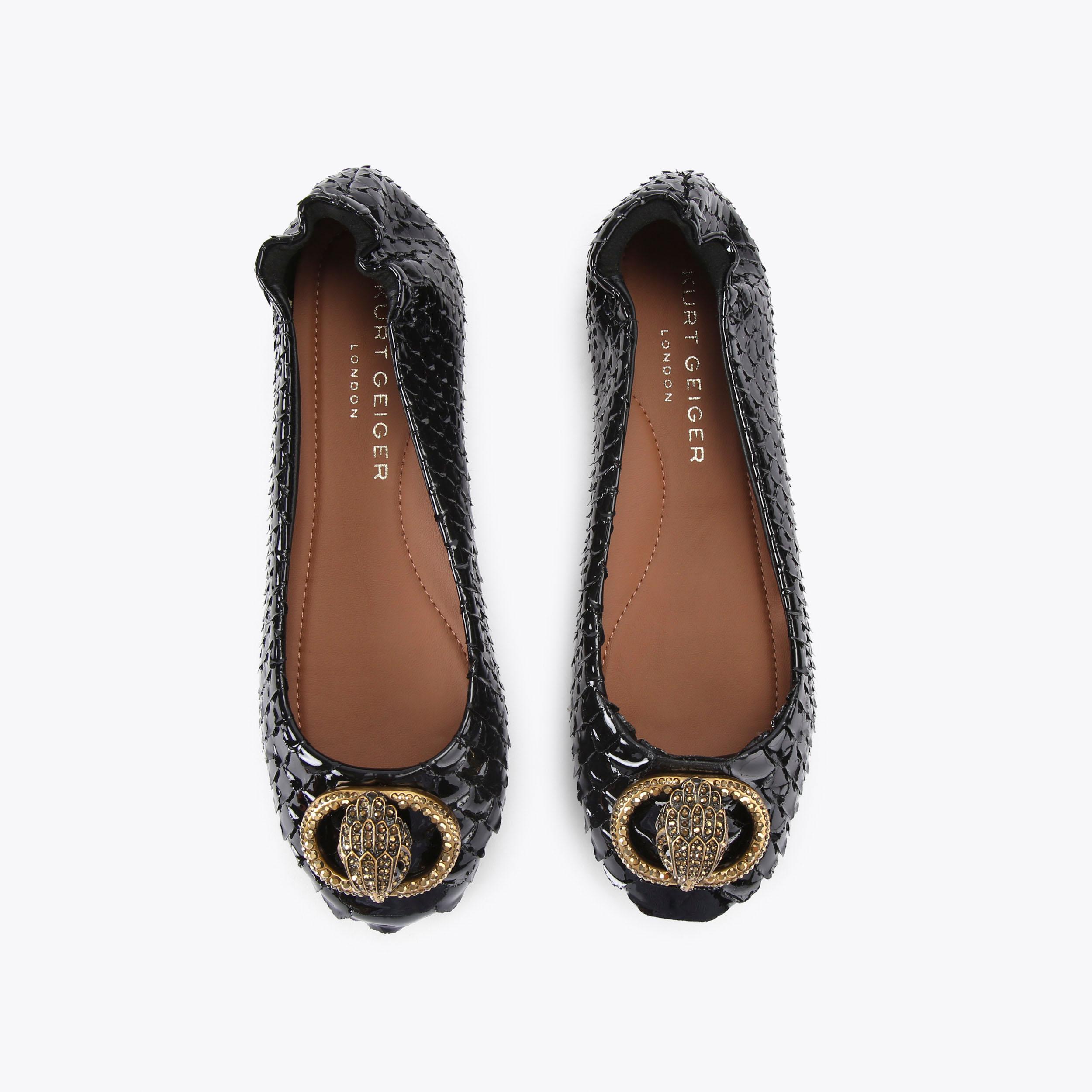 CHELSEA BALLERINA Black 3D Embossed Snake Print Flats by KURT GEIGER LONDON