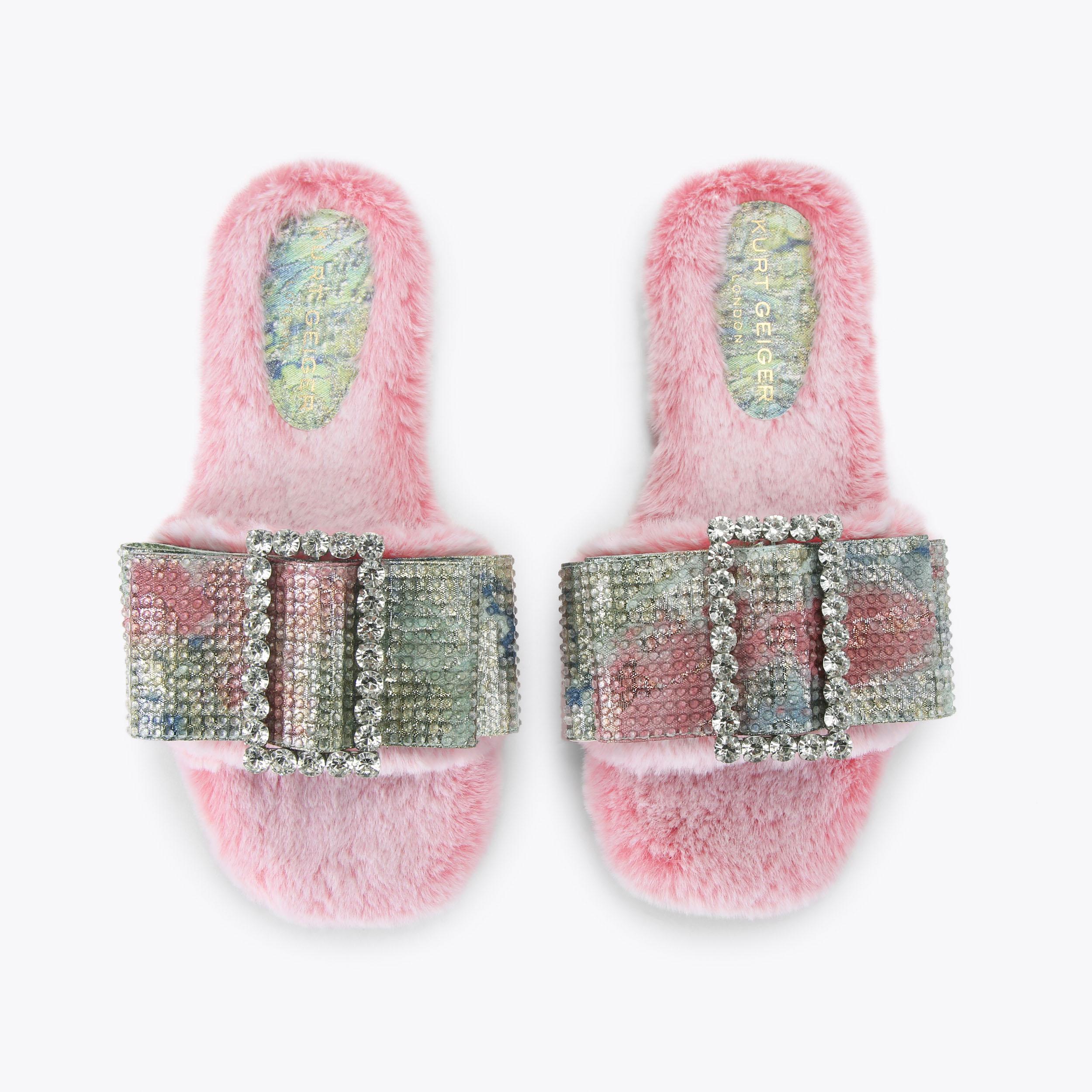 COSY BOW SLIDE Pink Faux Fur Slip On Slide by KURT GEIGER LONDON