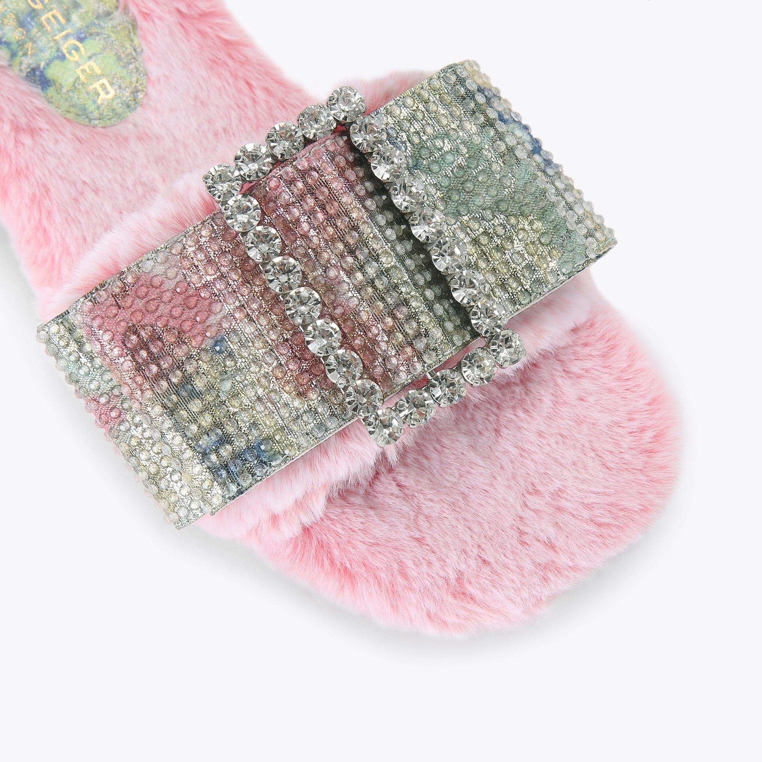 COSY BOW SLIDE Pink Faux Fur Slip On Slide by KURT GEIGER LONDON