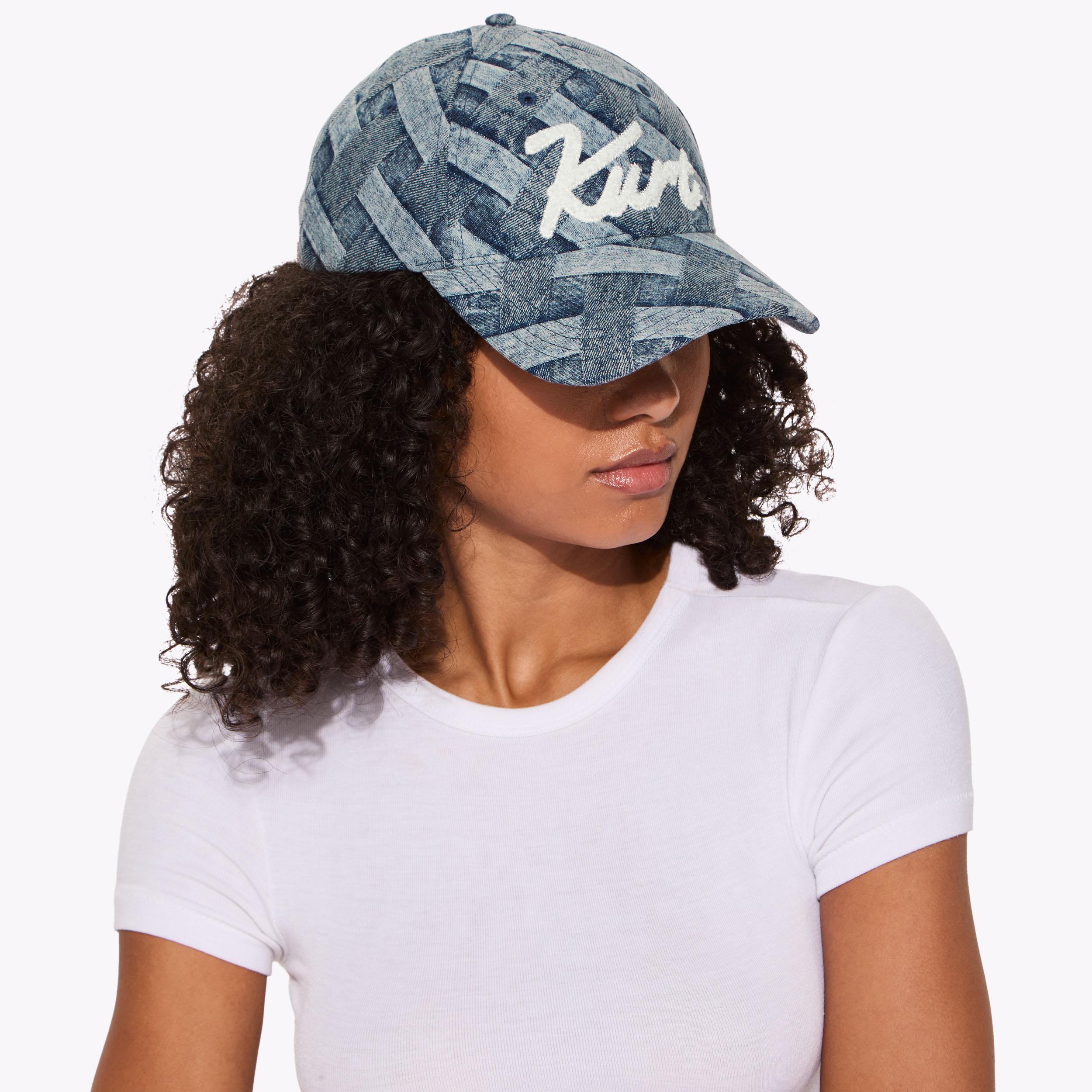 KURT EMBROIDERED CAP Blue Denim Weave Cap by Kurt Geiger London