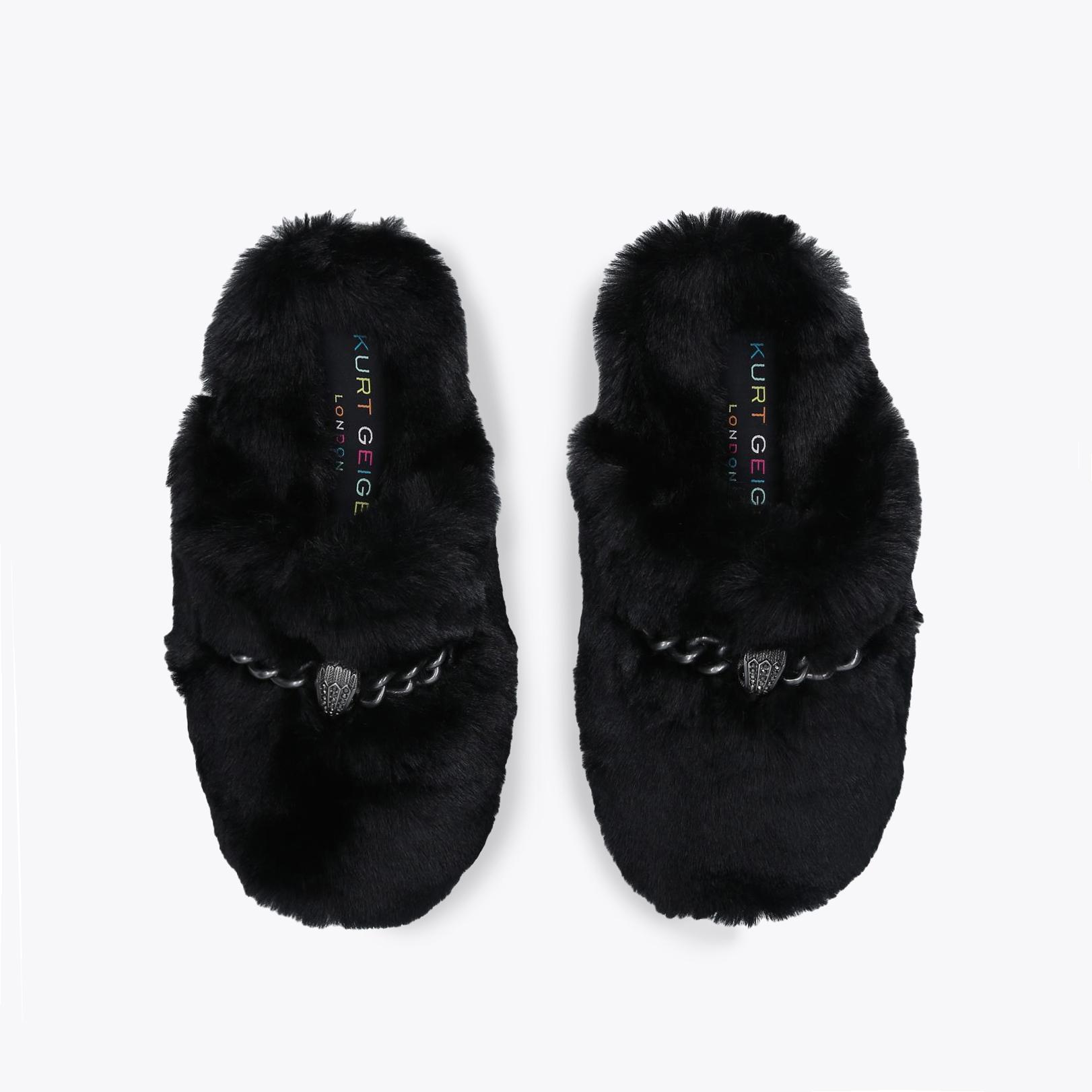 CHELSEA SLIPPER Faux Fur Black Slip On Slippers by KURT GEIGER LONDON