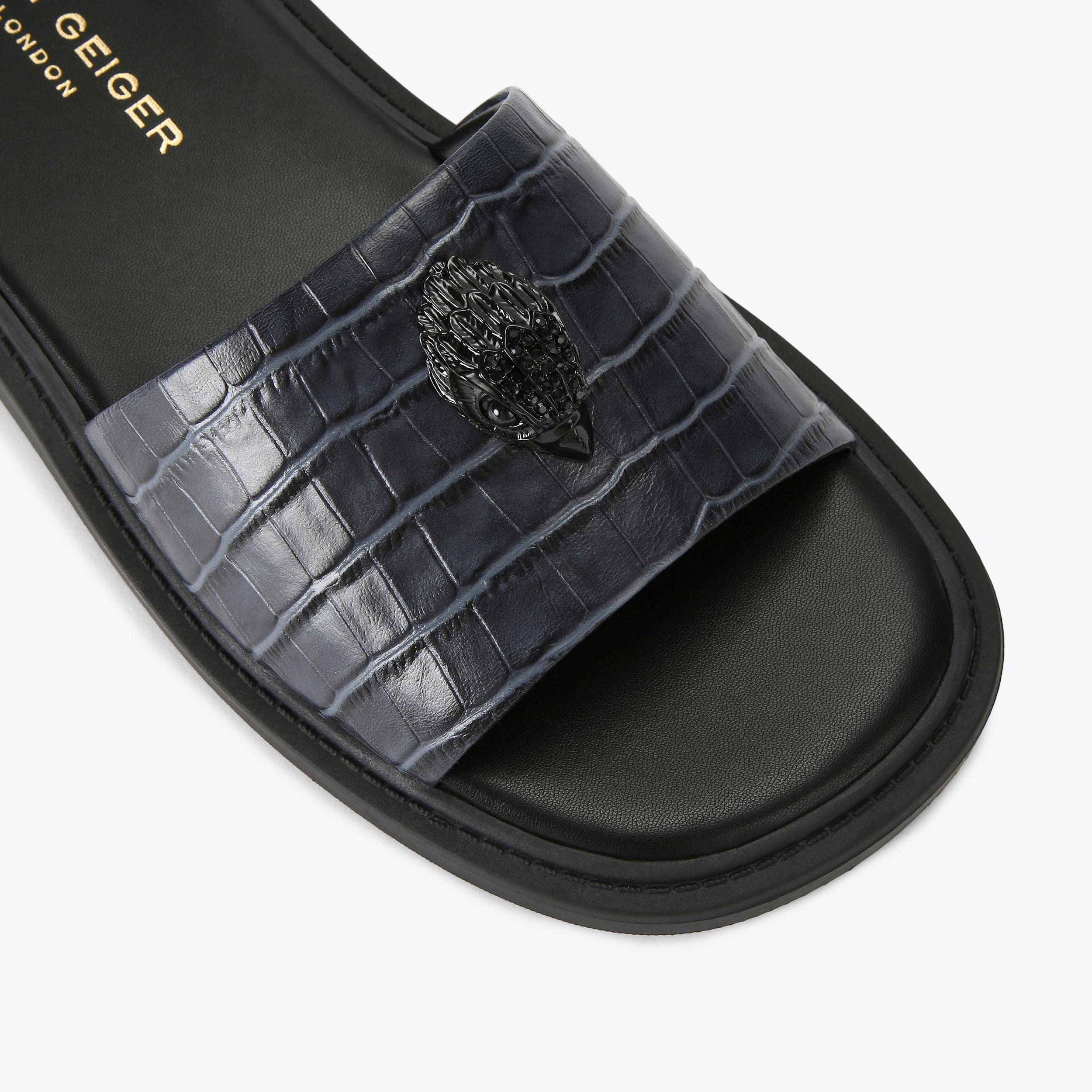 OSCAR SLIDE Navy Croc Print Sandals by KURT GEIGER LONDON