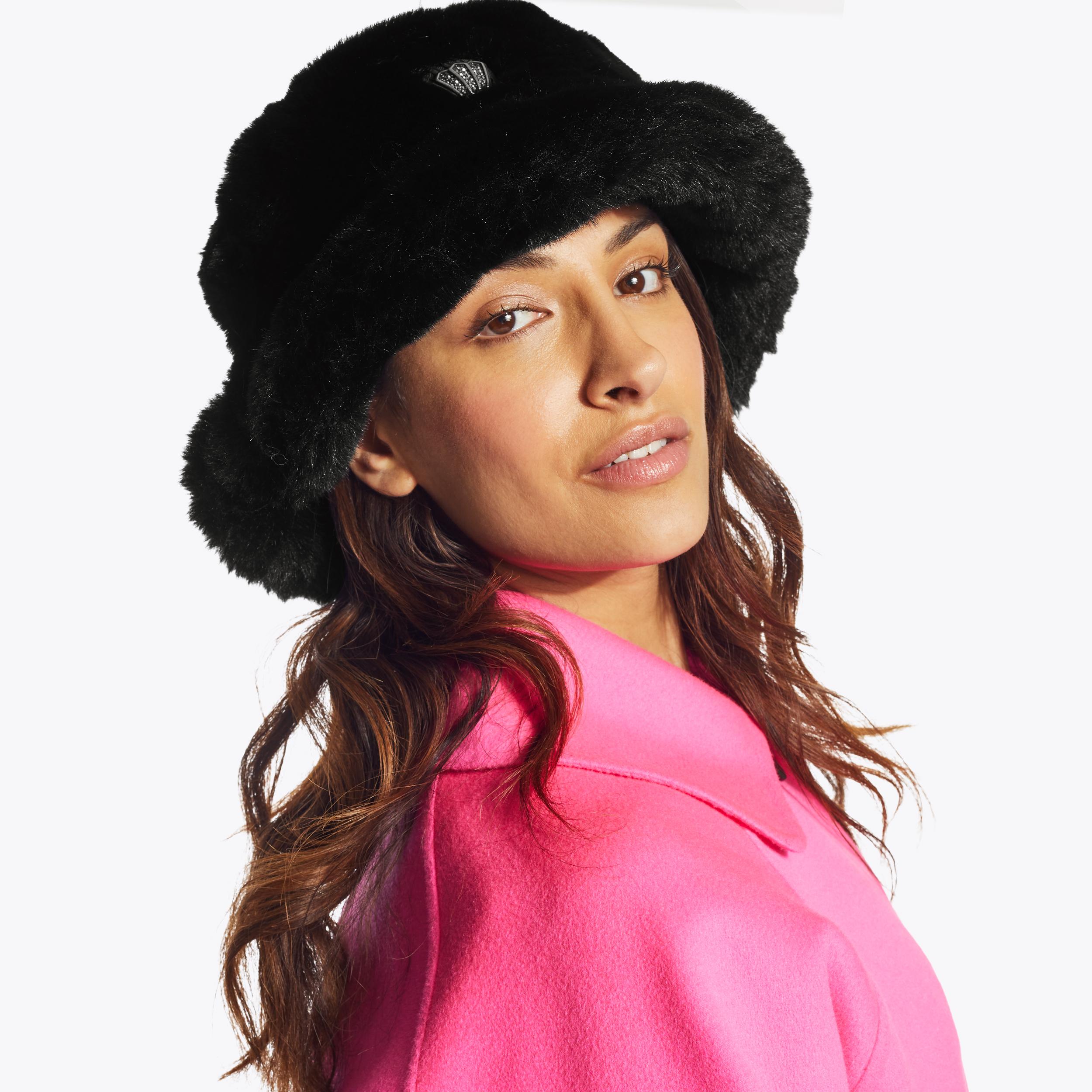 POPPY BUCKET HAT Black Faux Fur Bucket Hat by KURT GEIGER LONDON