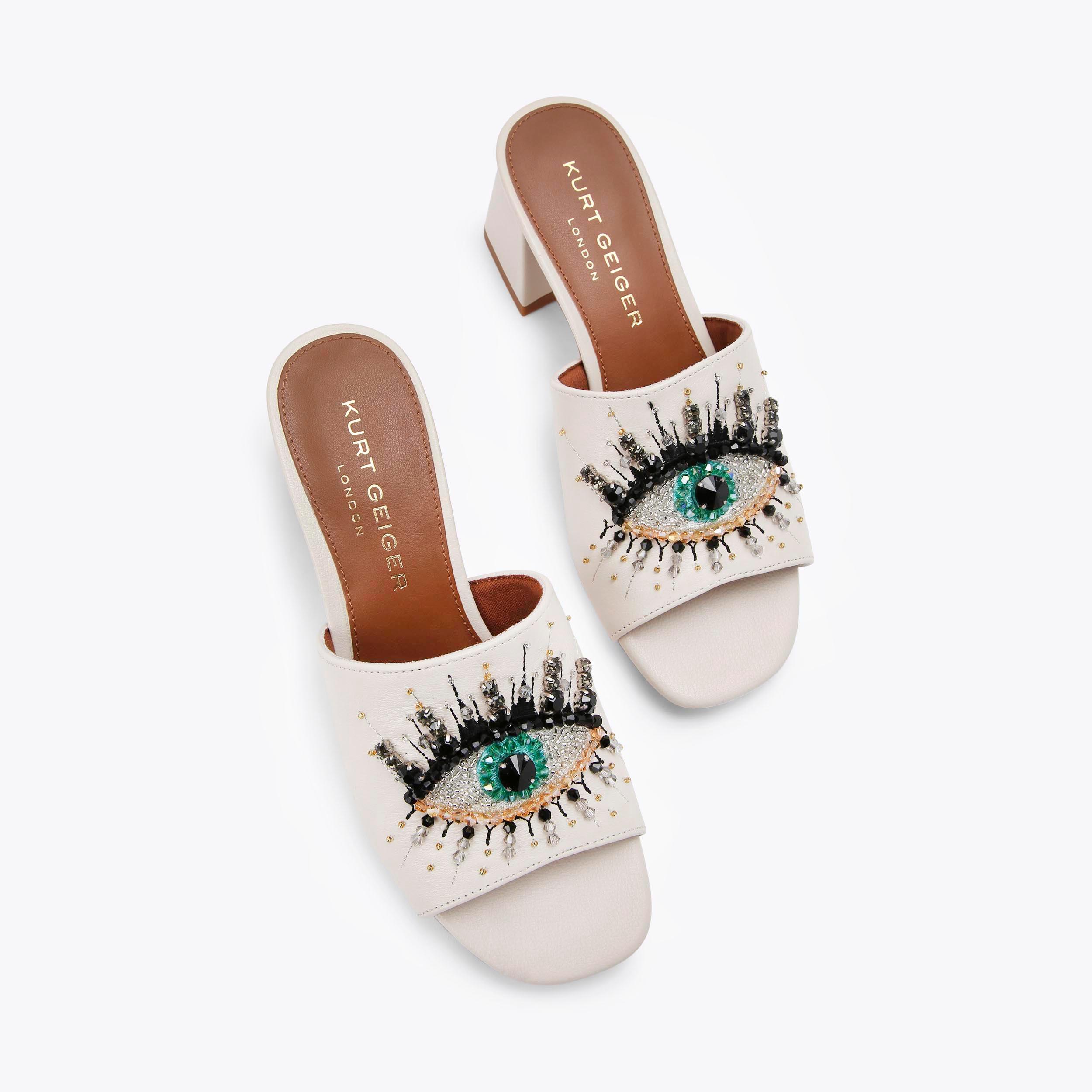 OLIVE BLOCK EYE Bone Leather Evil Eye Slip On Heeled Sandals by KURT ...