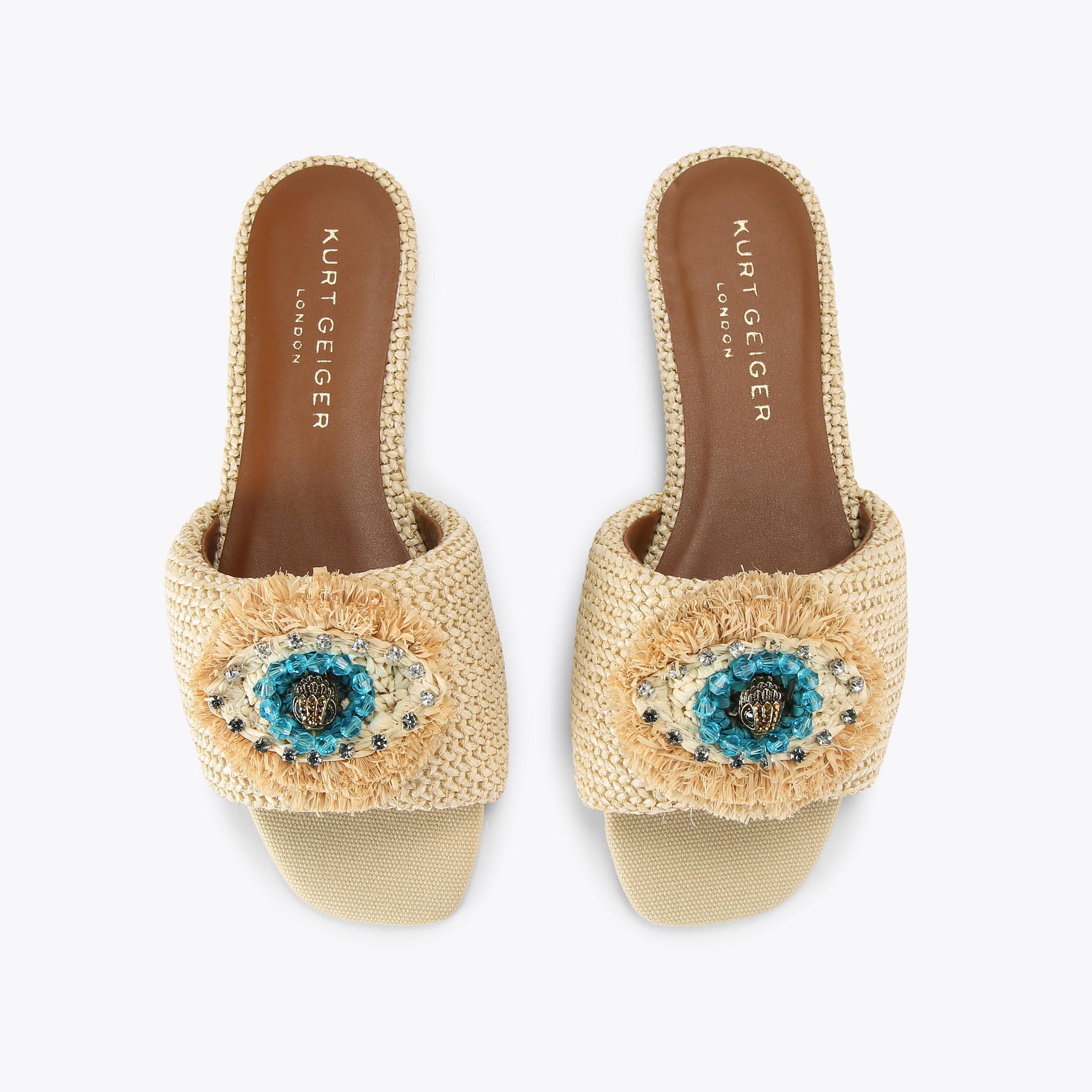 EYE FLAT SANDAL Beige Raffia Slip On Sandals by KURT GEIGER LONDON