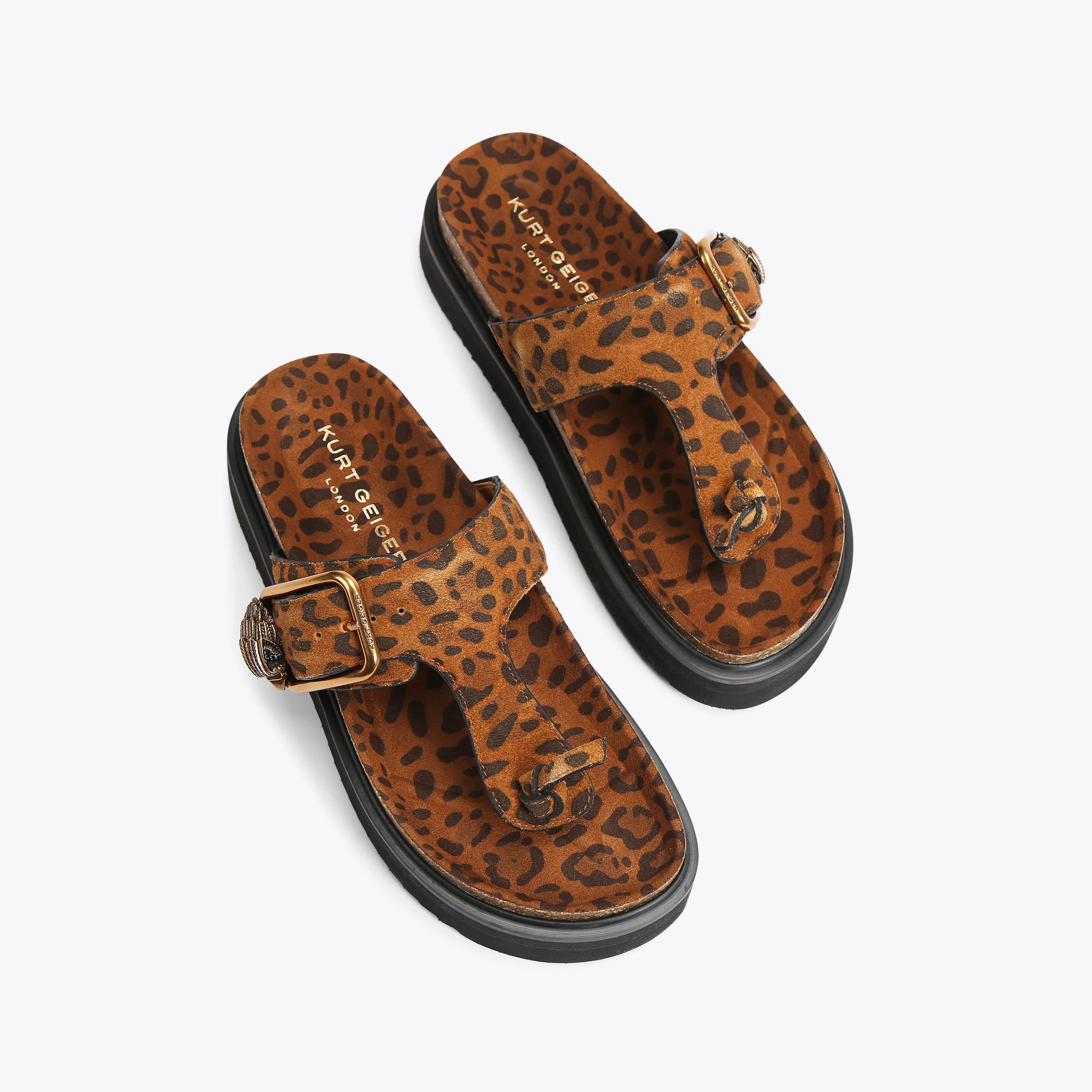 EAGLE BUCKLE T-BAR SLIDES Leopard Printed T-bar Sandal by KURT GEIGER ...